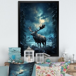 Designart "Blue Moose Celestial Journey" Moose Framed Wall Decor - Bed ...