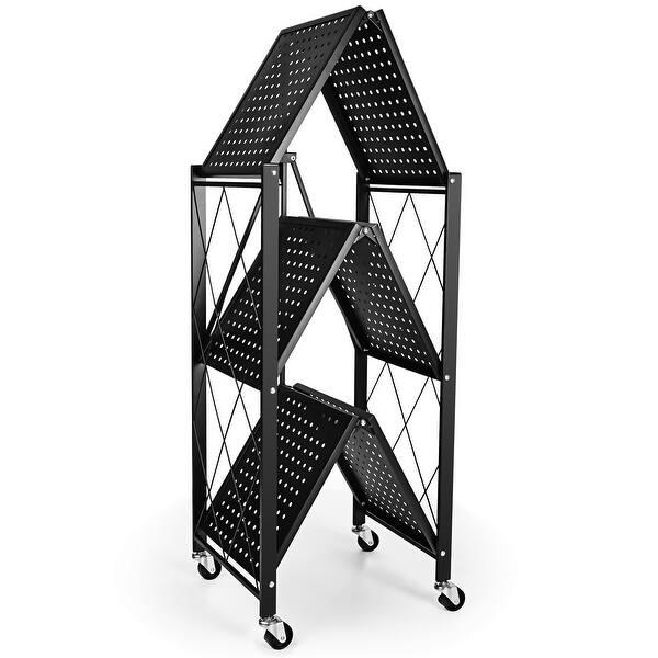 3-Tier Heavy Duty Foldable Metal Rack Storage Shelving Unit with Wheels ...