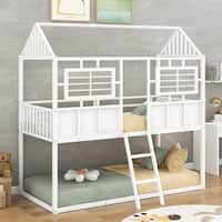 Twin Over Twin Size Metal House Bunk Beds with Roof & Fence-Shaped ...