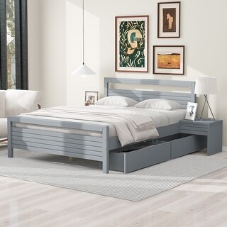 Queen Size Wooden Platform Bed with 2 Drawers and 2 Bedside Tables ...