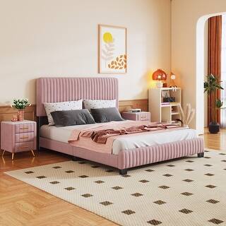 Elegant Design 3-Pieces Bedroom Sets, Queen Size Upholstered Platform ...