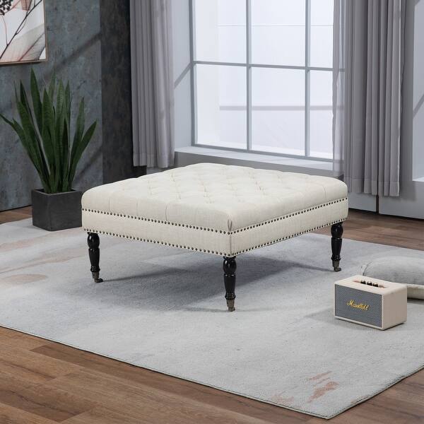 Beatrice 34-in Pleated Tufted Linen Cocktail Ottoman Caster Wheels ...