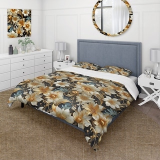 Designart "Gold And White Royal Flower Gardens" White Damask Bed Cover ...