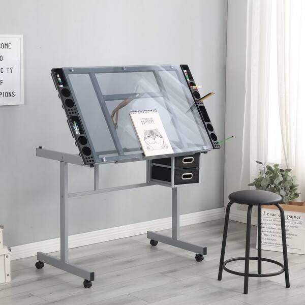 Adjustable Drawing Desk Craft Station Drafting w/ 2 Drawers & 4 Wheels ...