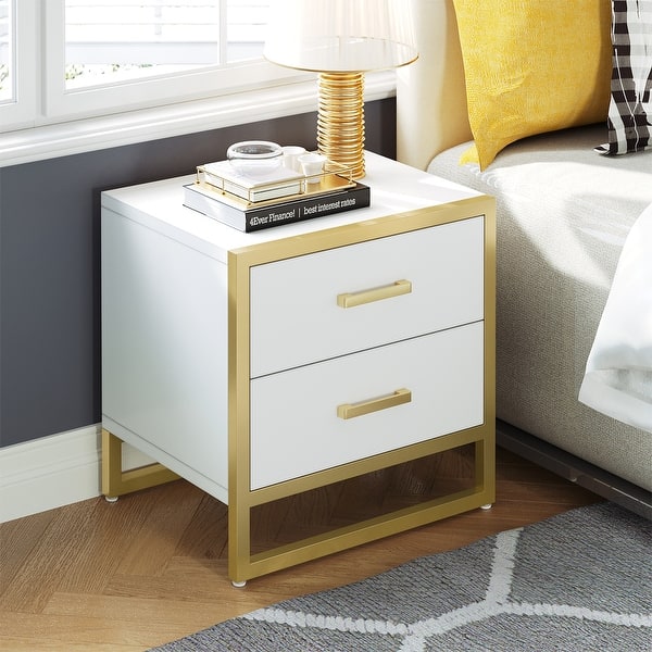 Hussain Wood 2 Drawer End Table Beside Bed Nightstand with Metal Frame ...