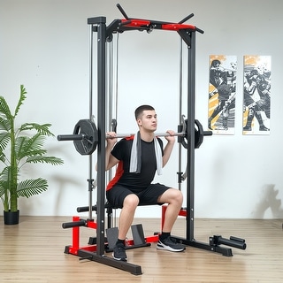 Soozier Power Cage Smith Machine, Multi-Function Power Rack with Pull ...