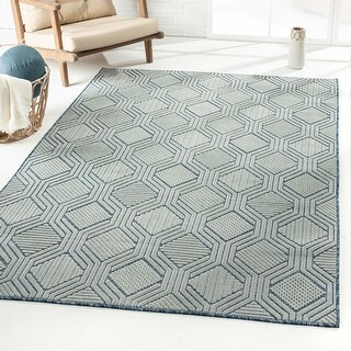 HomeRoots 5' X 7' Light Blue And Navy Geo Area Rug - 5' Octagon - Bed ...