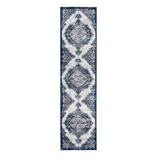 HomeRoots10' Navy Blue Medallion Power Loom Runner Rug - 10' Runner ...