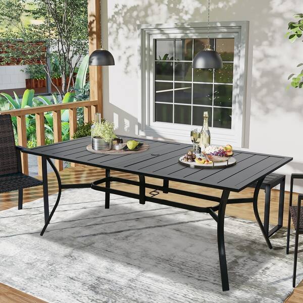 Patio Rectangular Metal Slatted Dining Table with Umbrella Hole - Bed ...