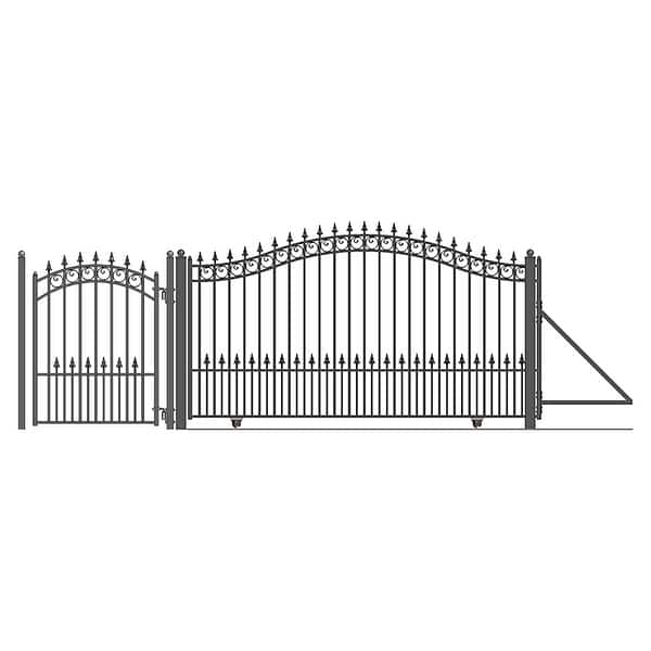 Aleko Steel Single Sliding 12 Ft Driveway Gate Prague Style With Pedestrian Gate Black Bed