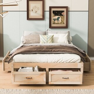 Full Size Bed Antique Natural Platform Bed with 6 Storage Drawers, Low ...
