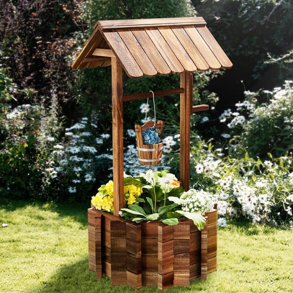 Rustic Wooden Wishing Well Planter with Hanging Bucket for Flower and ...