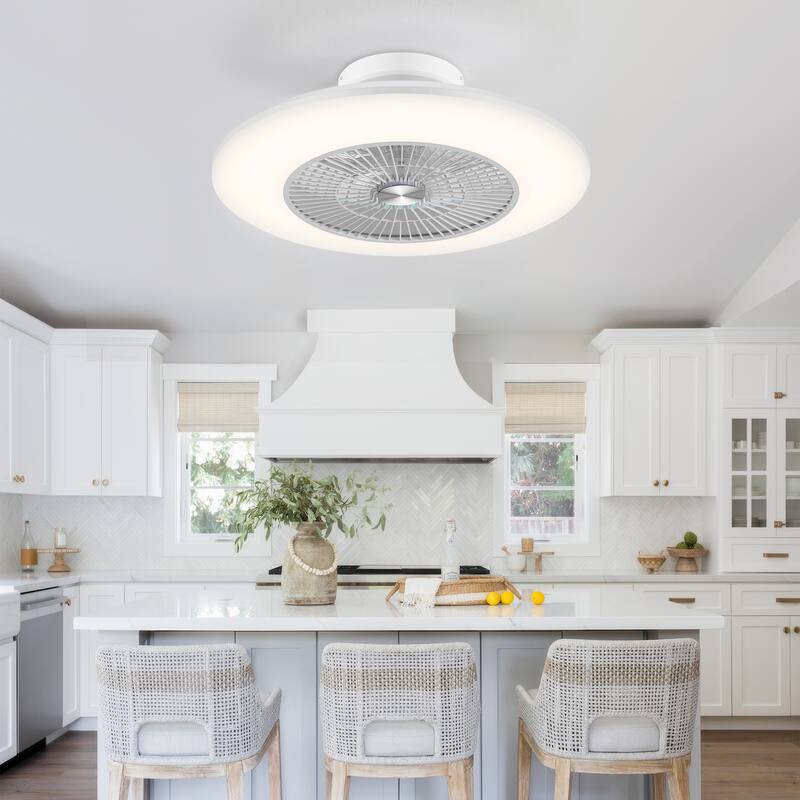 23" Modern White Enclosed Low Profile Smart LED Ceiling Fan Works with ...