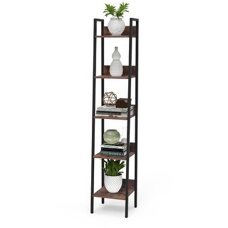 5 Tier Narrow Ladder Bookshelf for Home Office Living Room Brown - Bed ...
