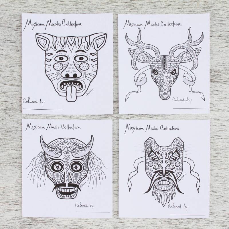 NOVICA Coloring Postcards, 'Mexican Masks Collection' (Set of 10 ...