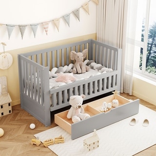 Full Size Platform Bed Convertible Crib with Drawers for Toddler, Grey ...