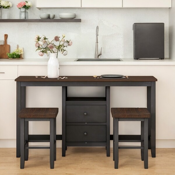 SERNADECORINC Farmhouse Rustic 3 Piece Counter Height Dining Set Table with Storage 2 Stools Cherry