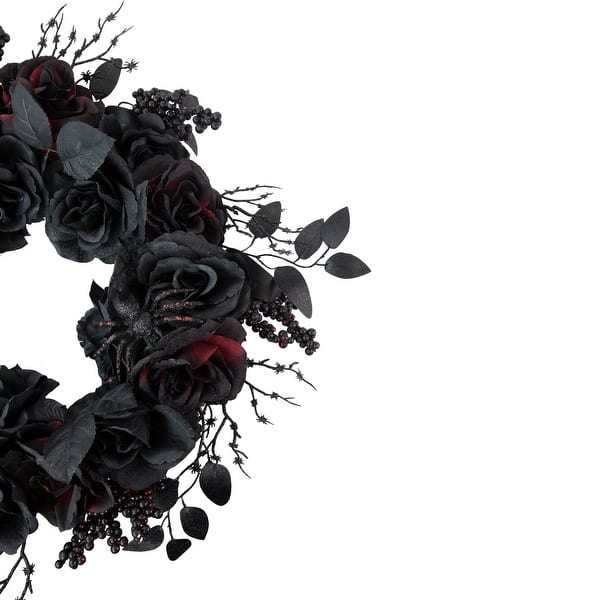 Burgundy and Black Roses with Spiders Halloween Wreath 24-Inch Unlit ...