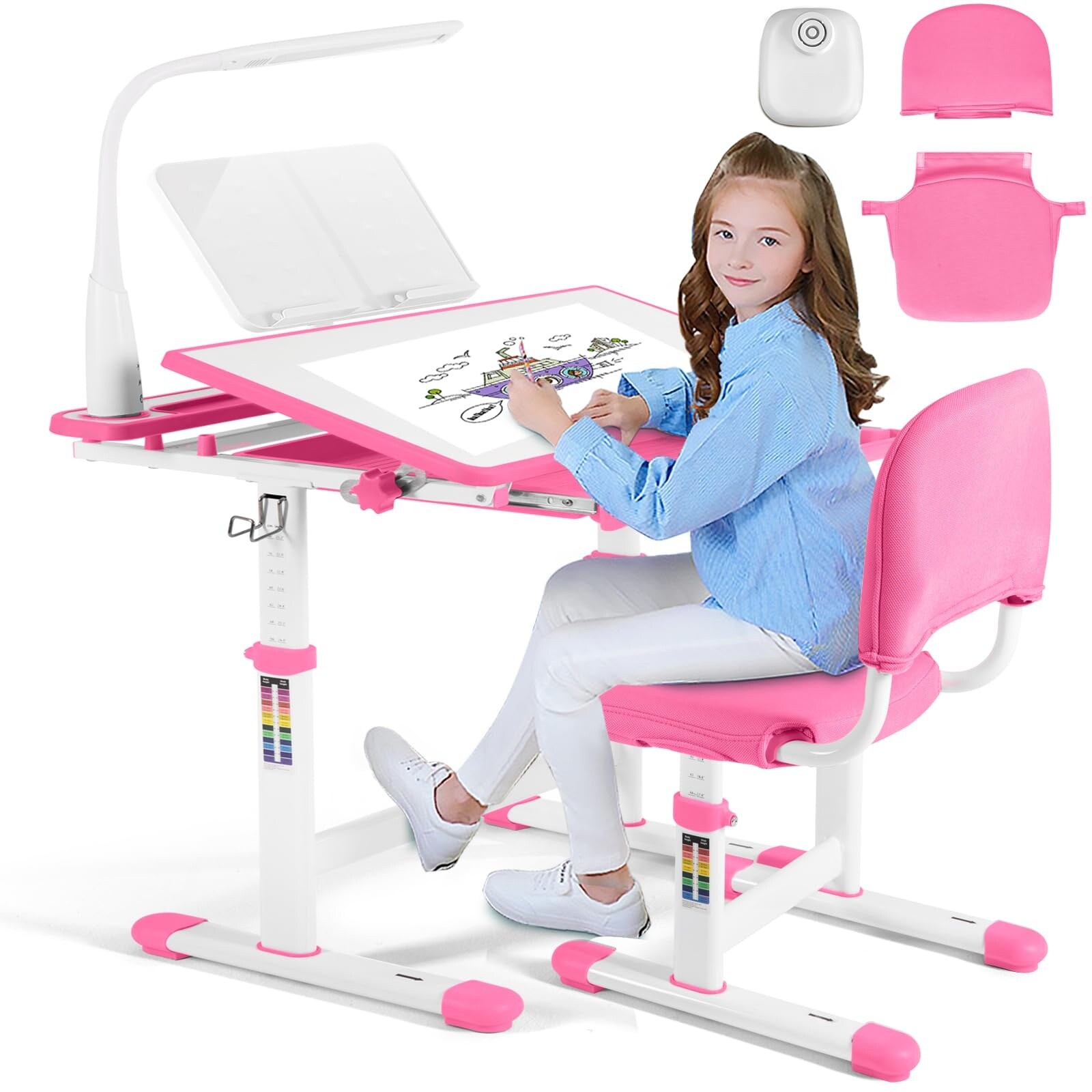 Kids Study Table and Chair Set Adjustable Girls School Writing Study Table with Writing Board LED Pull Out Drawer Pencil Case Bed Bath Beyond 40552976