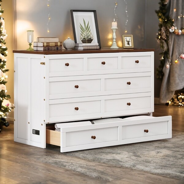 Full Size Murphy Bed Chest Space Saving Cabinet Bed with Charging Station and Large Storage Drawer White Walnut