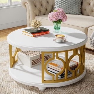 31.5" Round Coffee Table, 2-Tier Circle Coffee Table with Storage Shelf ...