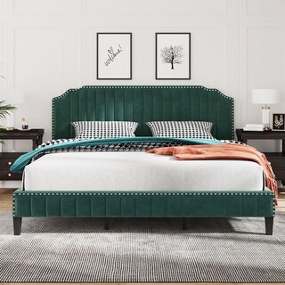 Modern Velvet Curved Upholstered Platform Bed , Solid Wood Frame ...
