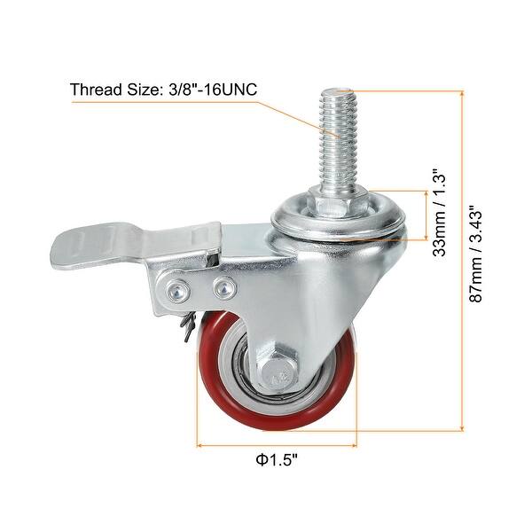 1.5 Inch PU Swivel Threaded Stem Casters 3/8"-16UNC with Brake 88lbs ...