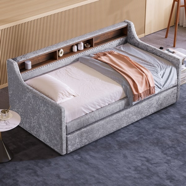 Twin Size Snowflake Velvet Daybed with Trundle and Built-in Storage ...