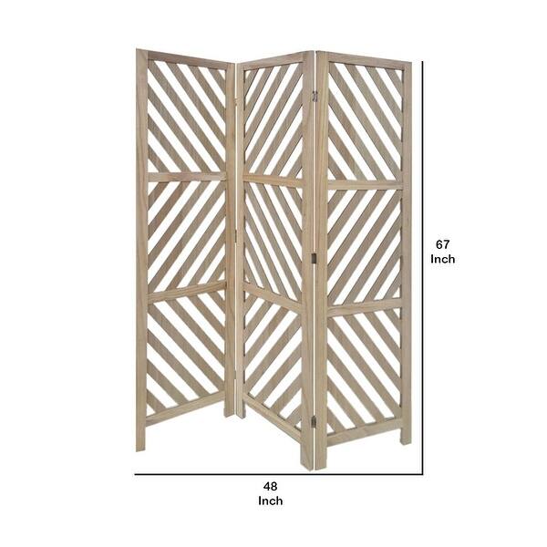 3 Panel Wooden Frame Screen with Diagonal Cut Slats - Natural Brown ...