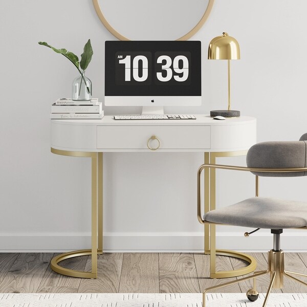 Nathan James Leighton Small Oval Desk with Glam Brass Accents Vanity or Writing Desk for Home Office White Gold Bed Bath Beyond 35358050