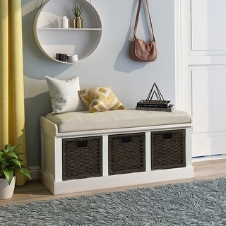 Rustic Storage Bench with 3 Removable Classic Rattan Basket , Entryway ...