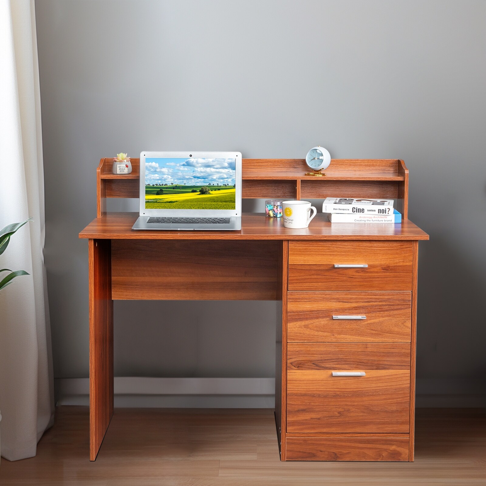 Walnut Relief Computer Desk with 3 Drawers Desktop Storage Melamine Laminate