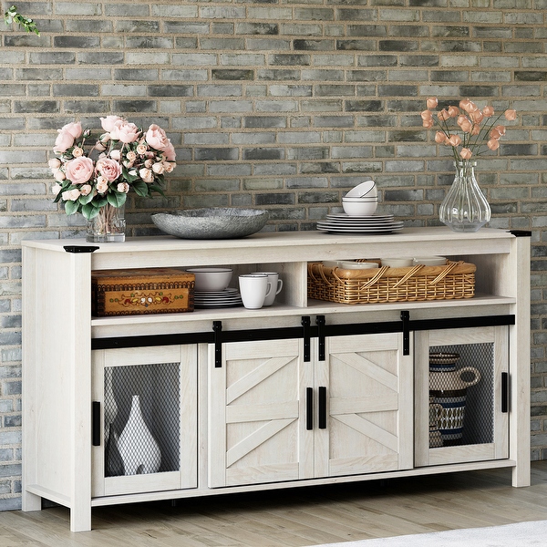 Farmhouse Coffee Bar Table with Sliding Barn Doors for Kitchen 59 4 Barn Doors 4 Mesh Doors Antique White