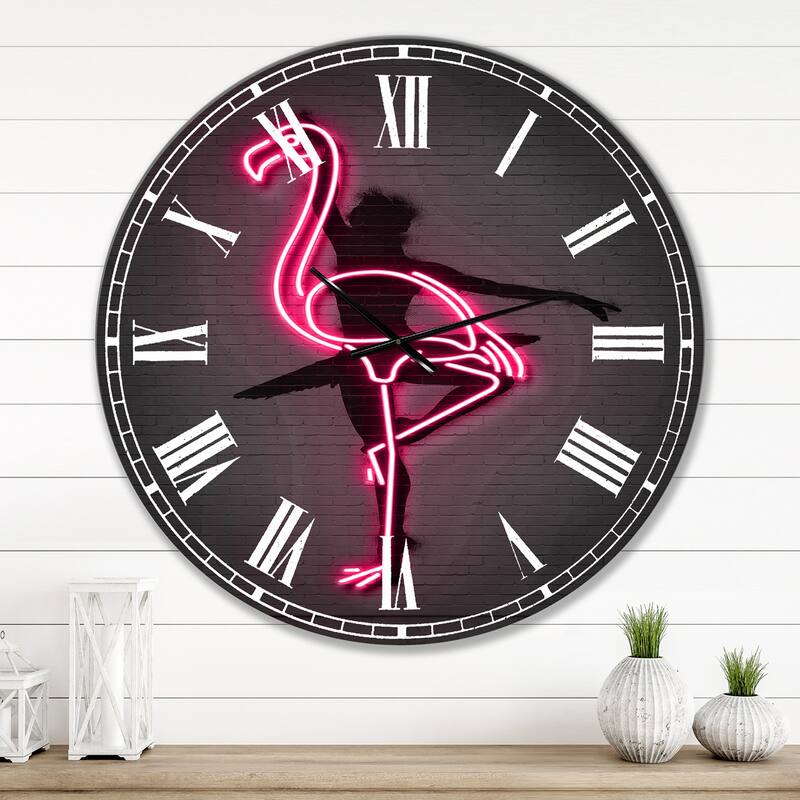 Designart 'Neon Pink Flamingo and Ballerina' Large Modern Wall Clock ...