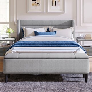 Queen Size Linen Upholstered Storage Platform Bed with Storage Ottoman ...