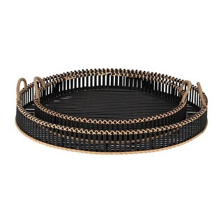 Set of 2 Round Serving Trays in Black Contemporary Rustic Bamboo and ...
