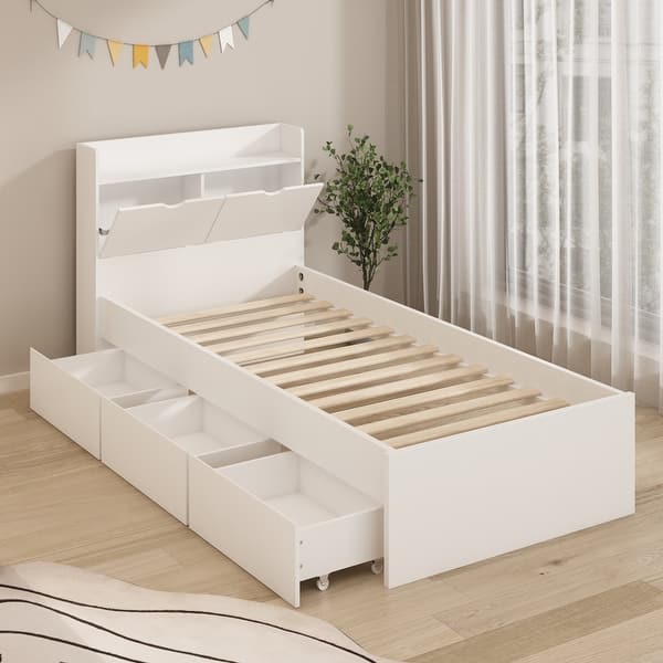 Wood Twin with Drawers Twin Size Frame Bed with Storage Headborad - Bed ...