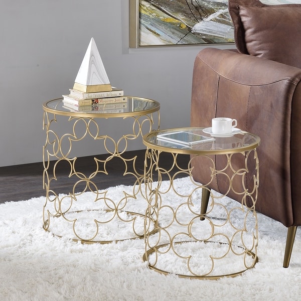 2 Piece Round Glass Nesting Table Set with Metal Base in Gold Finish ...