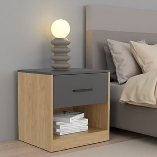 19.7"L Matt Macadamia Wood Nightstand with Drawer & Open Shelf, Modern ...