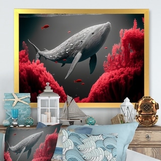 Designart "Whale In Red And Gray" Animal Whale Framed Art Print - Bed ...
