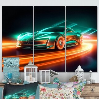 Designart "Teal Neon Exotic Car II" Neon Car Wall Art Living Room Set ...