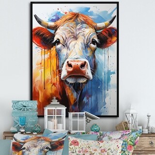 Designart "Colorful Cow Expressionist Portrait I" Animals Cow Framed ...