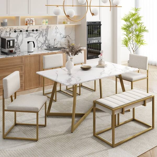 6-Piece Modern Faux Marble Dining Table Set with 60'' Metal Kitchen ...