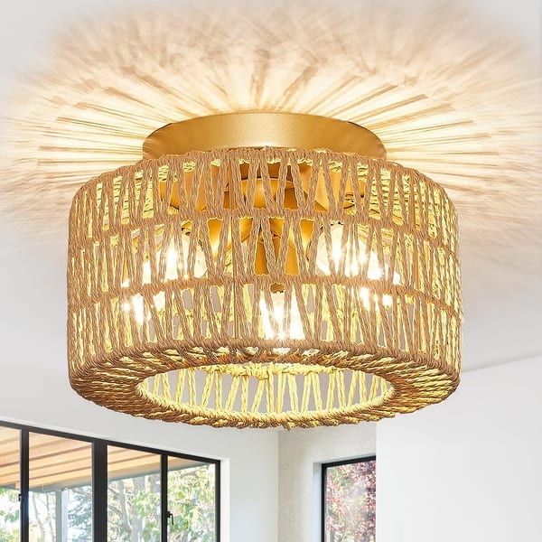 Gold Woven Flush Mount Light Fixture Rustic Boho Hemp Rope Brass ...
