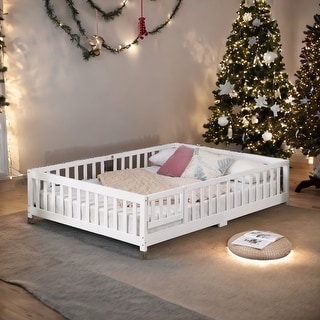 Queen Size Floor Bed with Door,Solid Wood Platform Bed Frame with Fence ...