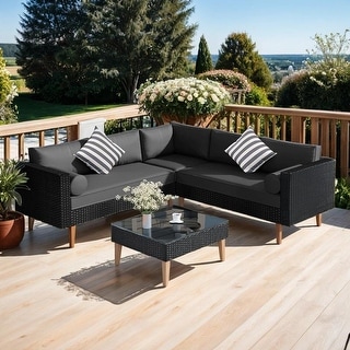 Artsy 4-pieces Outdoor Wicker Sofa Set with Colorful Pillows, Black ...