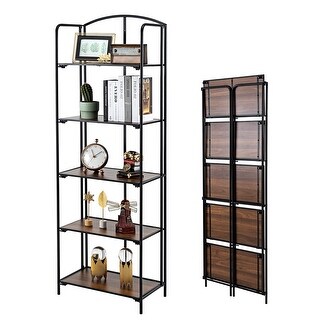 No Assembly Folding Bookshelf, 5 Tier Black Bookshelf, Metal Book Shelf ...