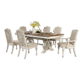 Arca 7pc Dining Table Set with Fabric Chairs, Antique White Solid Wood ...