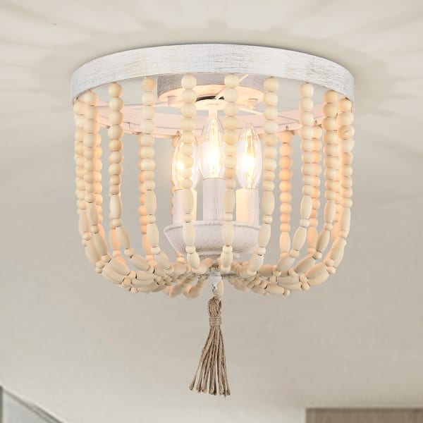 Wood Beaded Chandelier Boho Flush Mount Ceiling Light Fixtures 3-Light ...