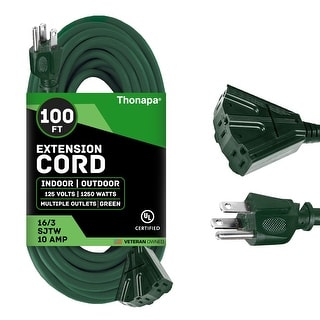 Outdoor Extension Cord 100 FT w/ 3 Outlets, 16 Gauge Green Extension ...